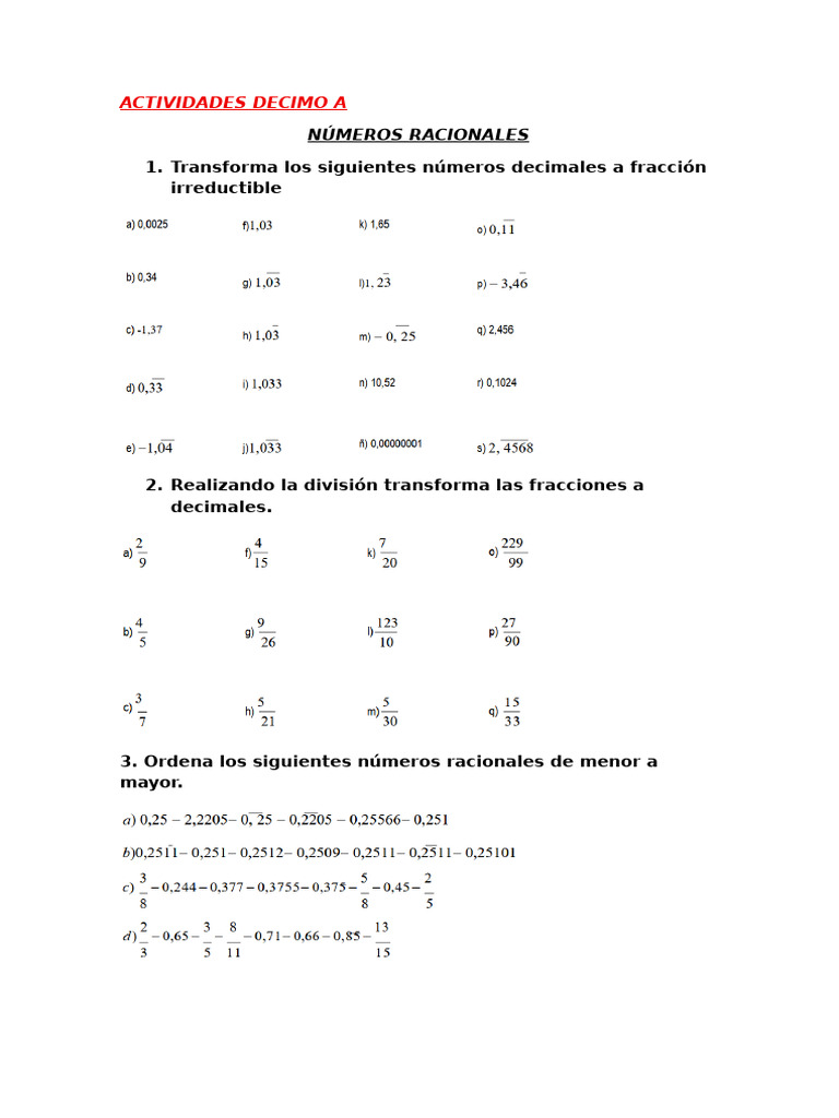 Actividades Decimo A - Novenob B | PDF