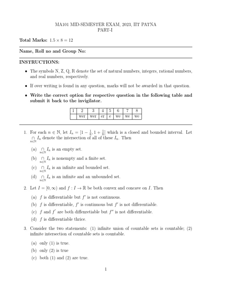 Ma1101 Mid Sem 2023 | PDF | Intersection (Set Theory) | Mathematics