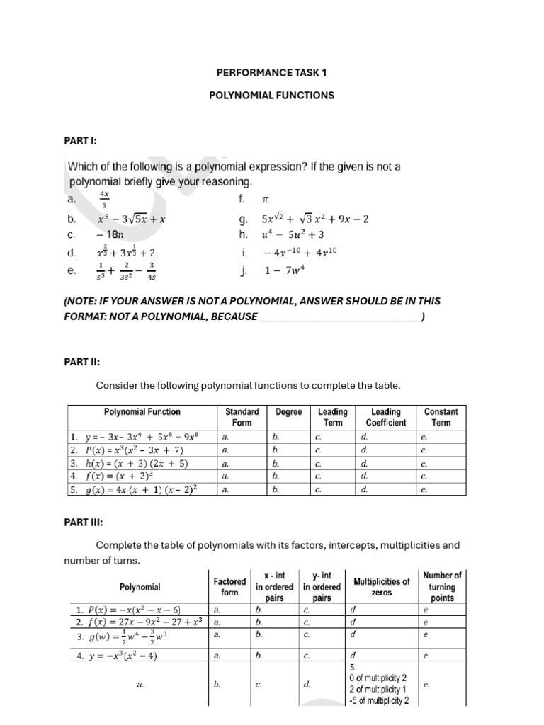 Polynomial Functions Performance Task | PDF