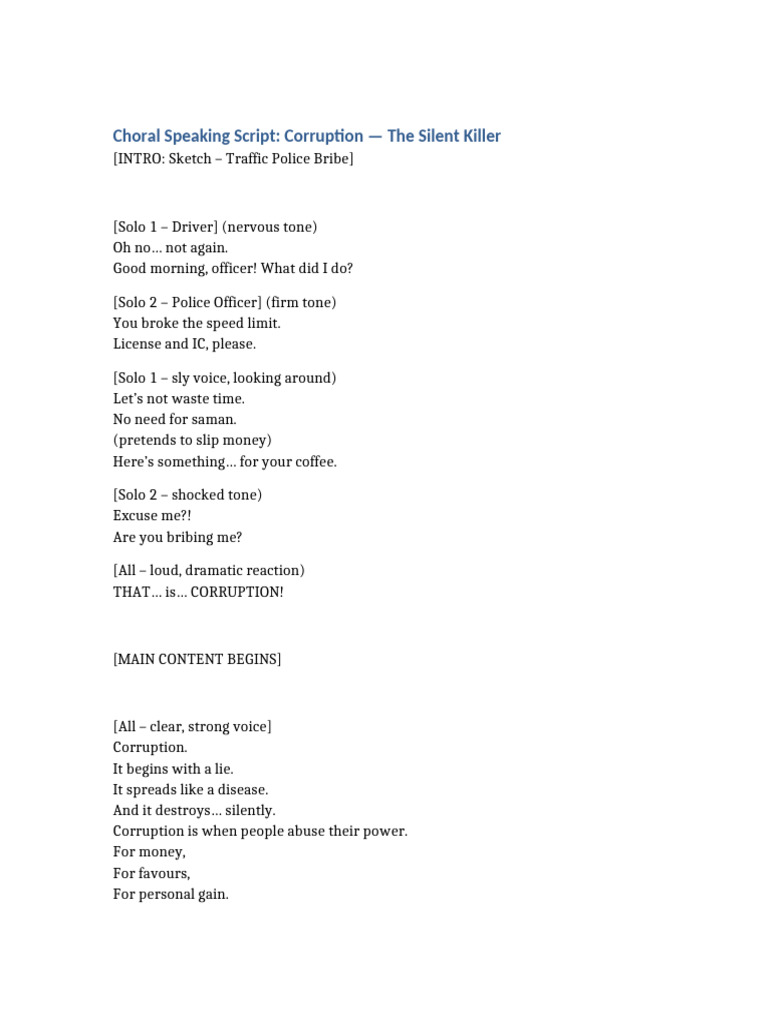 Choral Speaking Corruption Script | PDF