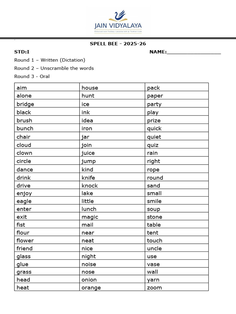 Grade 1 Spell Bee-Word List-1 | PDF