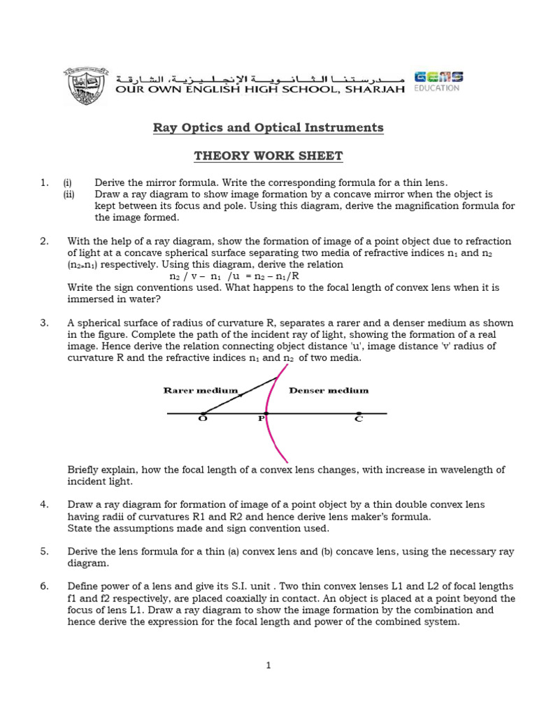 Theory Revision Worksheet - Ray Optics and Optical Instruments | PDF | Optics | Waves