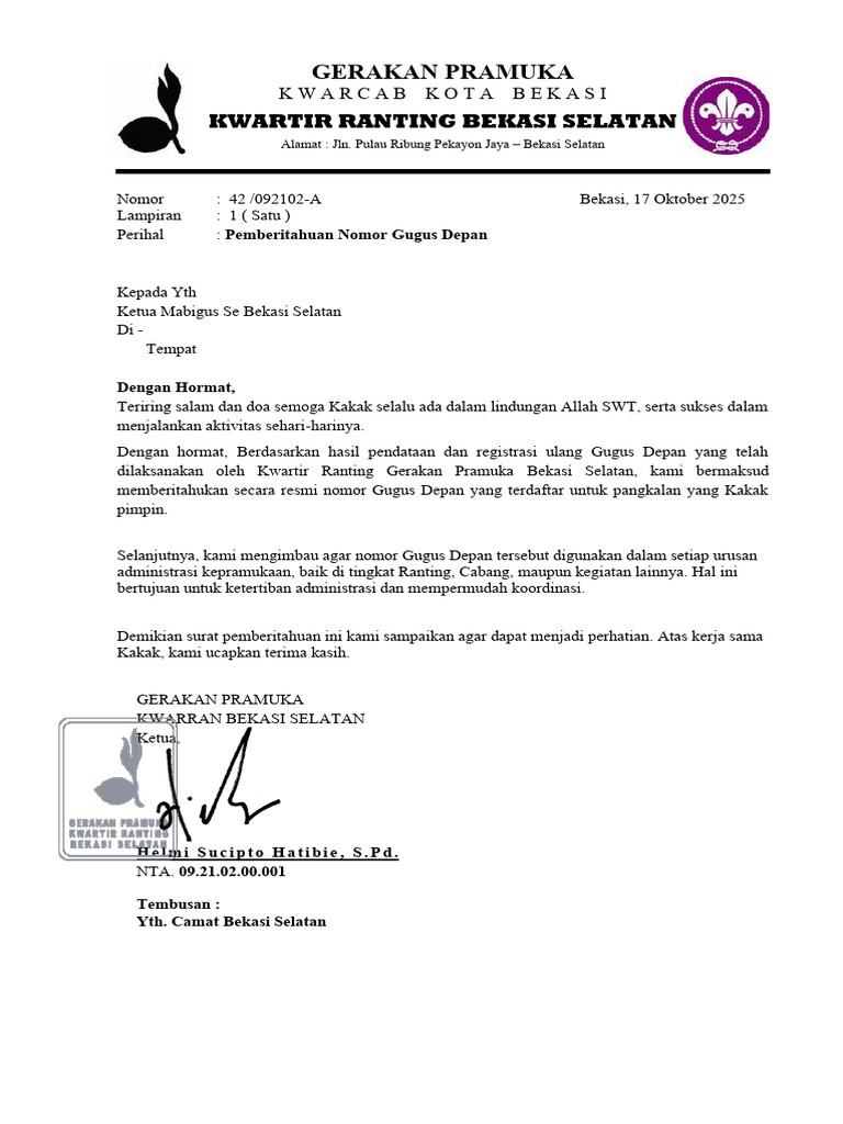 Surat No. Gudep Terdaftar Di Kwarran Beksel | PDF