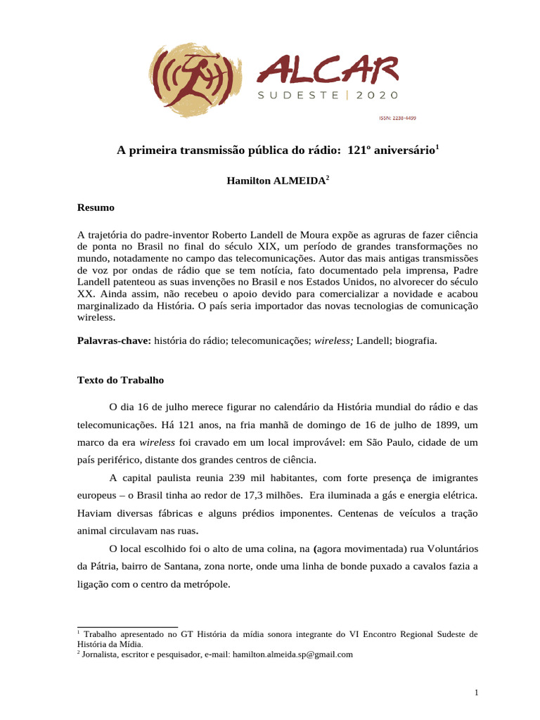 GT Historia Da Midia Sonora - Hamilton - Almeida | PDF | Radiodifusão ...