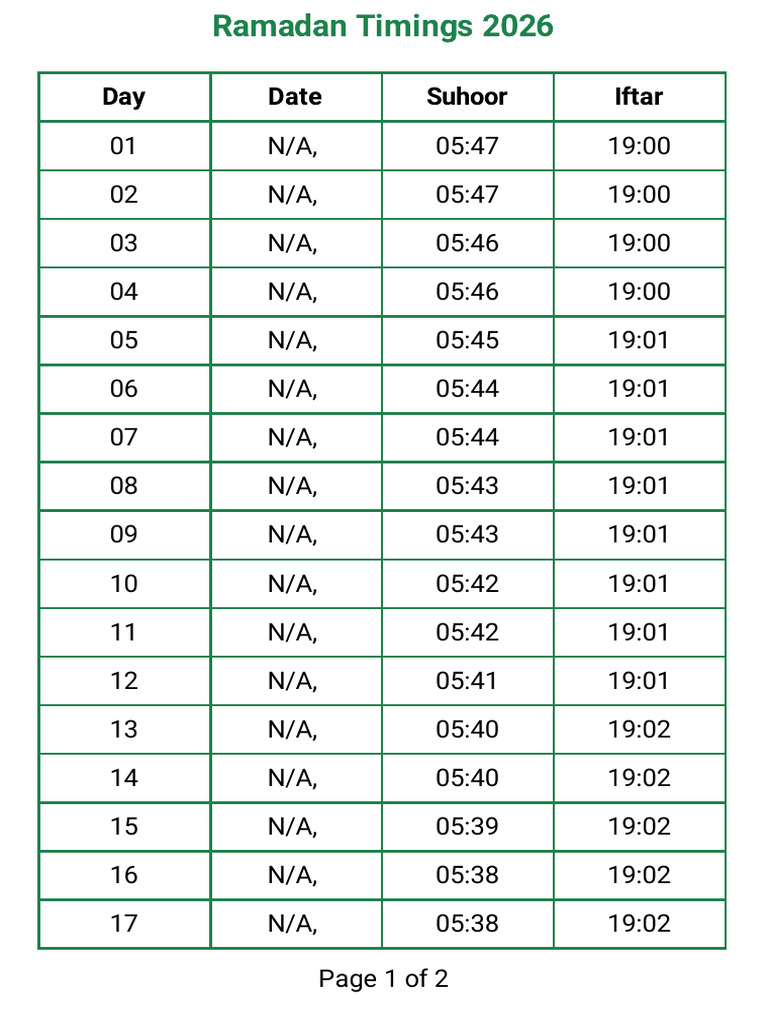 Ramadan Timings for 2026 | PDF