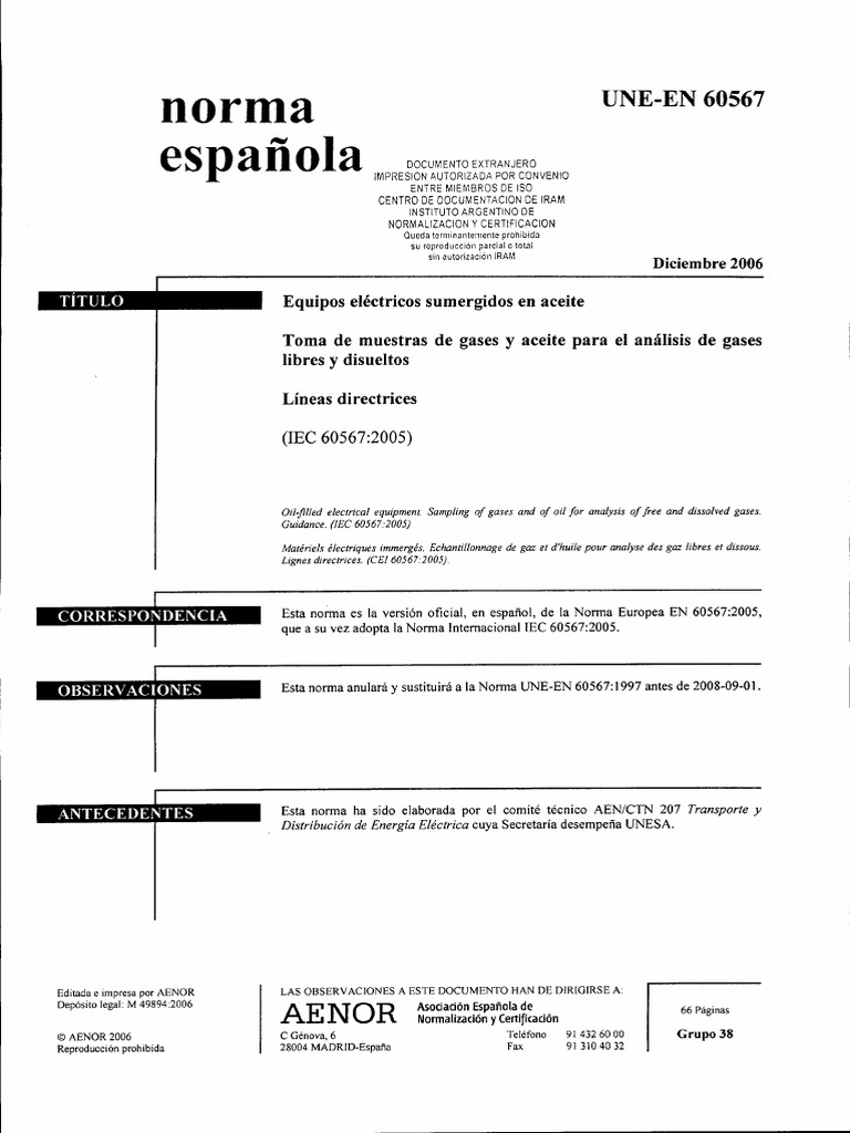 UNE en 60567 Toma Muestras Aceite para DGA | PDF | Transformador ...
