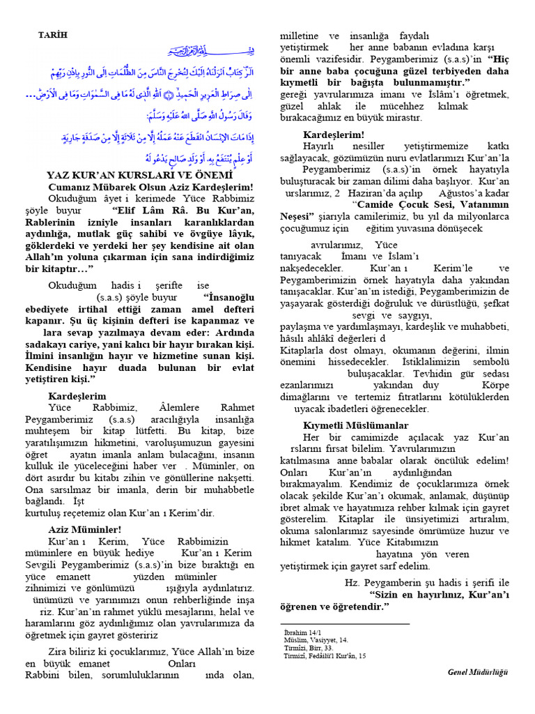 Yaz Kur'an Kursları Ve Önemi | PDF