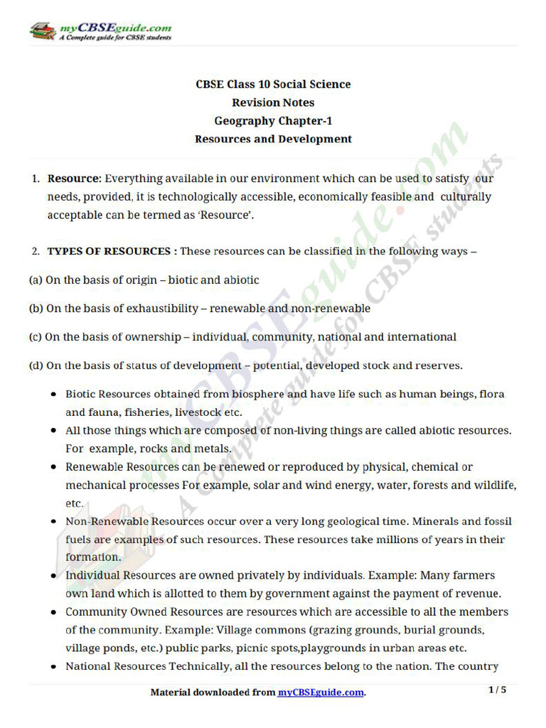 10 Social Science Geography Revision Notes Ch1 | PDF