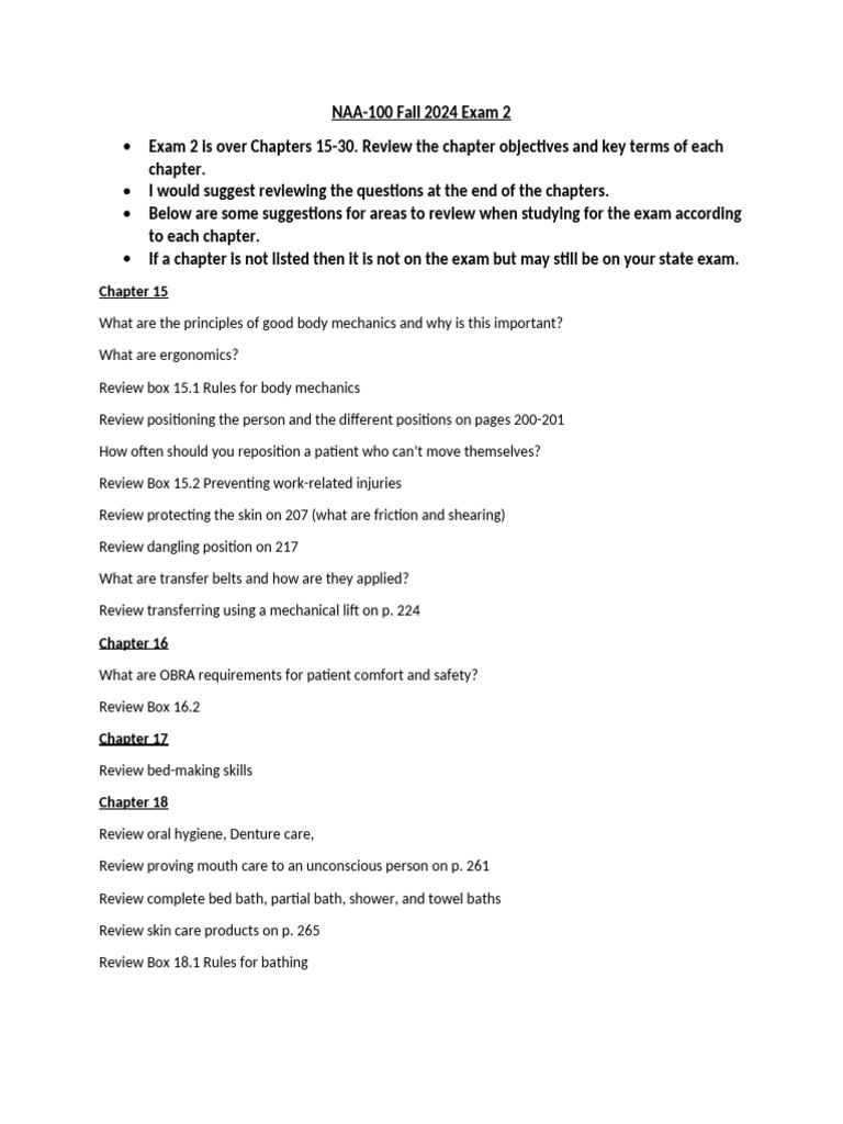 NAA-100 Fall 2024 Exam 2 Study Guide | PDF | Medical Specialties | Medicine