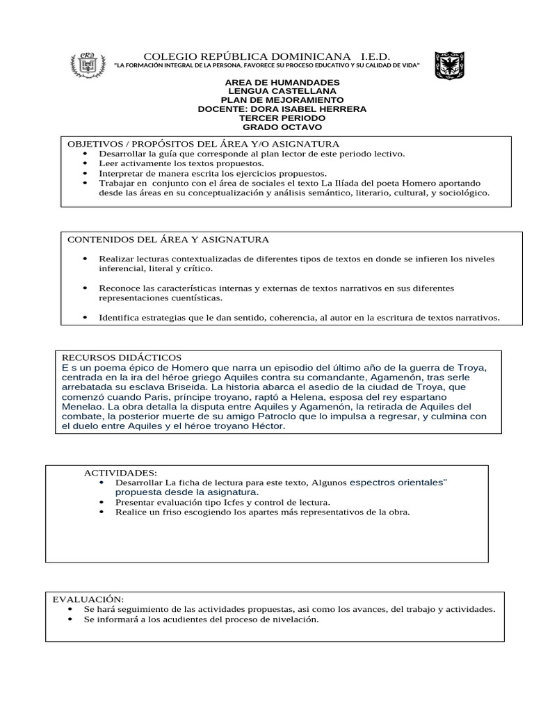 Plan de Mejoramiento Octavo Tercer Periodo | PDF | Aquiles | Ilíada