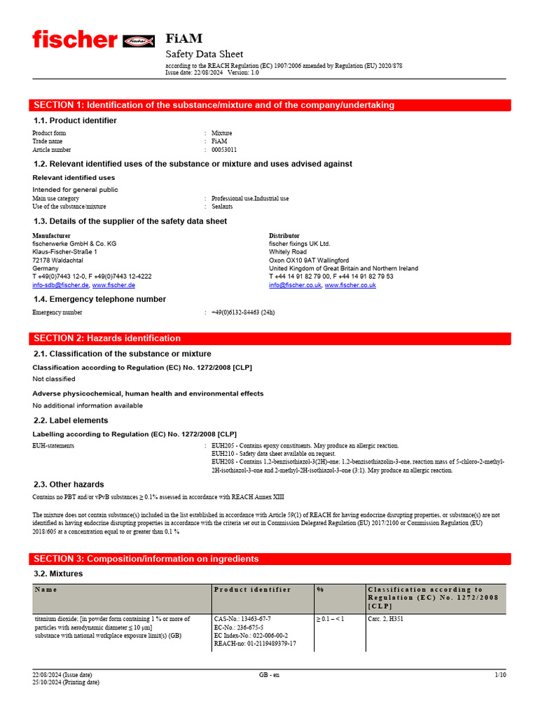 FISPQ - Intumescent Acoustic Mastic FiAM - EnGLISH | PDF | Toxicity | Dangerous Goods