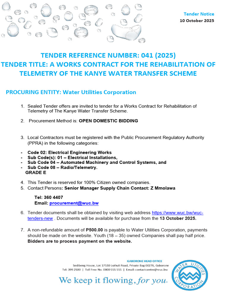 WUC 2025 Tender for Kanye Water Scheme | PDF
