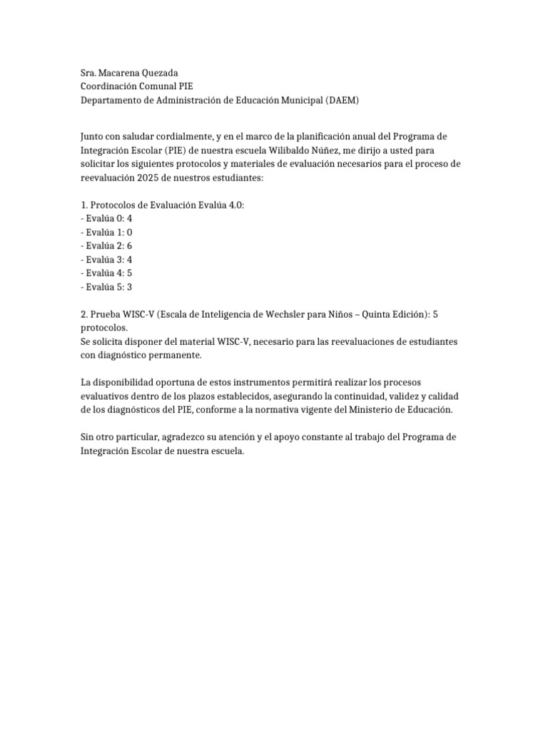 Solicitud Protocolos Evalua y WISC V Wilibaldo Nunez Pelarco | PDF
