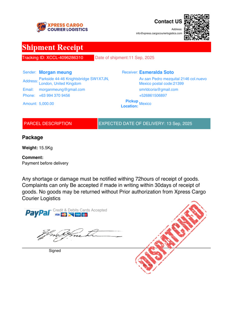 Shipment Receipt and Delivery Details | PDF