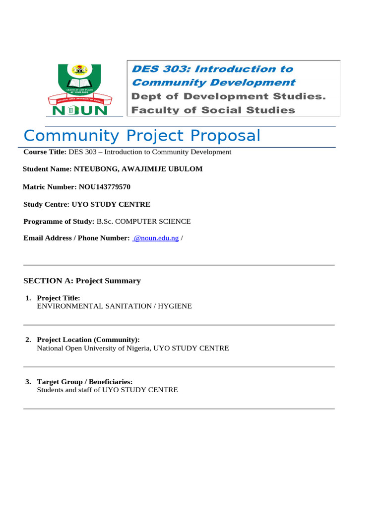 Environmental Sanitation Project Proposal | PDF | Hygiene