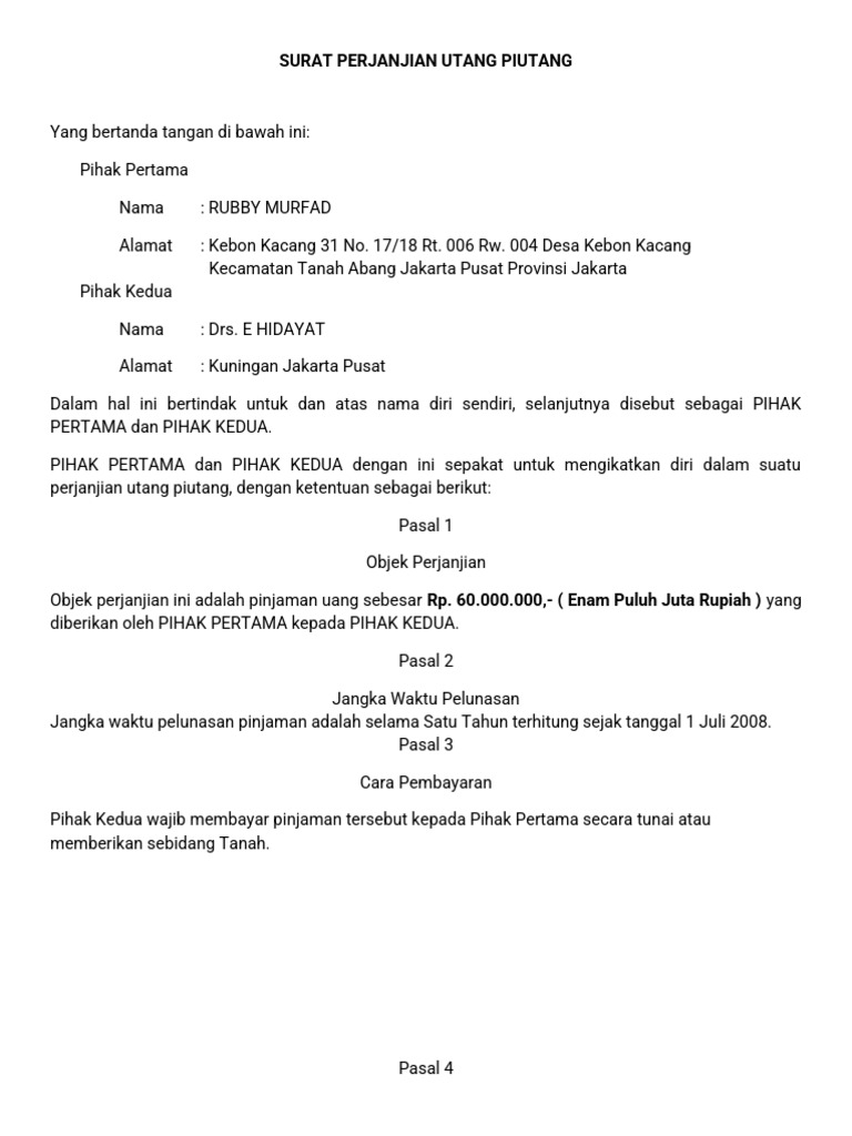 Perjanjian Utang Piutang Rp60 Juta | PDF