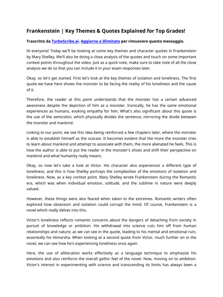 Frankenstein - Key Themes & Quotes Explained For Top Grades! | PDF ...