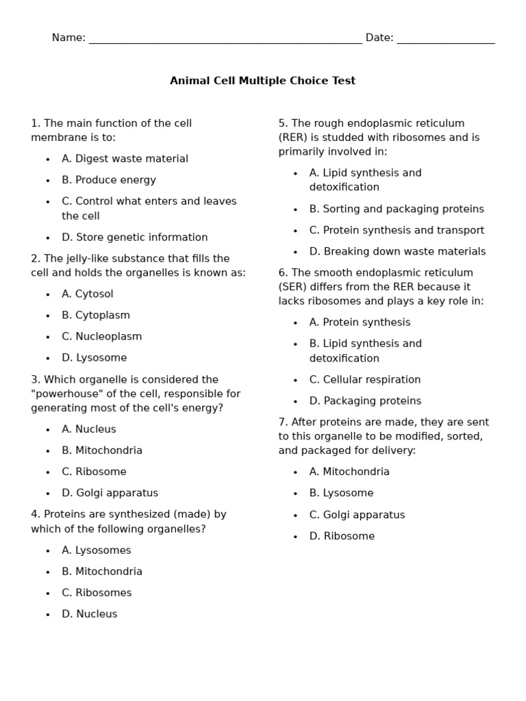 Animal Cell MCQ Test Questions | PDF | Endoplasmic Reticulum | Cell ...