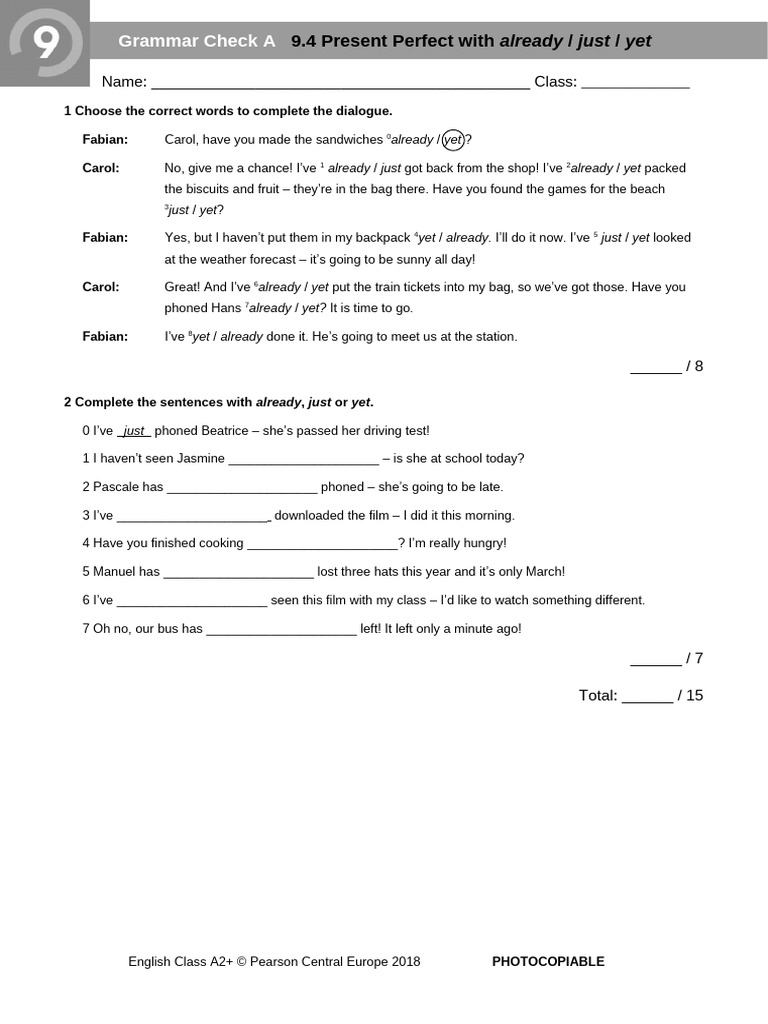 Present Perfect: Already, Just, Yet Exercise | PDF