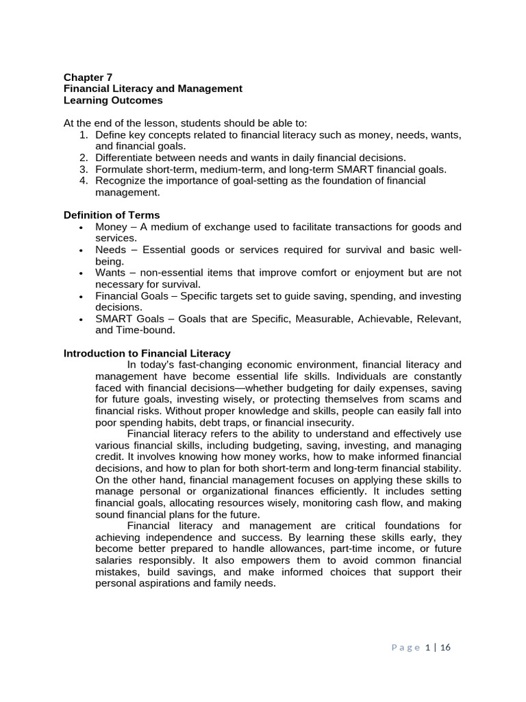 CHAPTER 7 Financial Literacy and Management Module | PDF | Investing ...