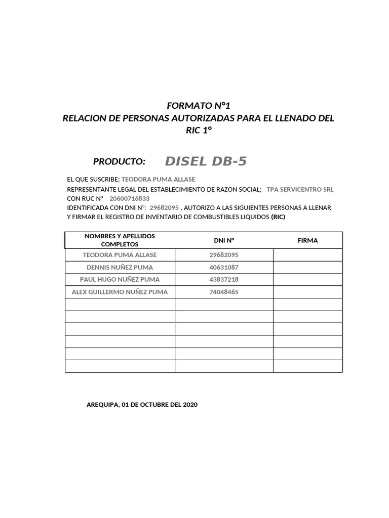 Registro de Personas Autorizadas RIC 1° | PDF