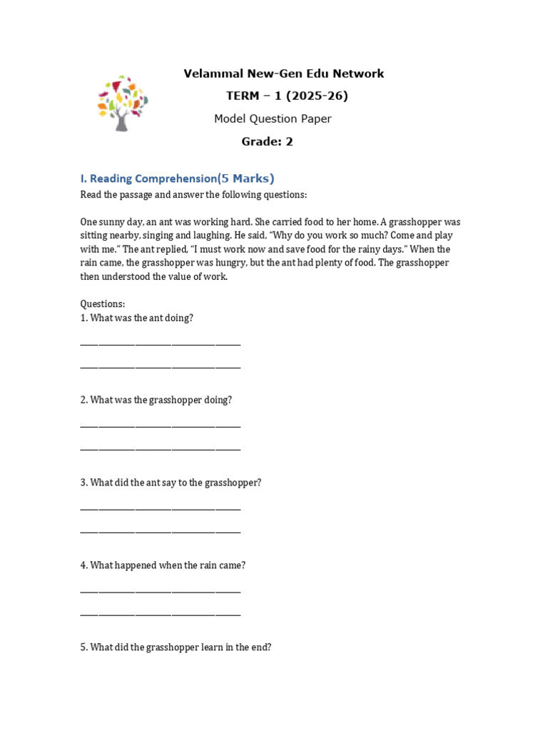 Grade 2 Term 1 Model Question Paper | PDF