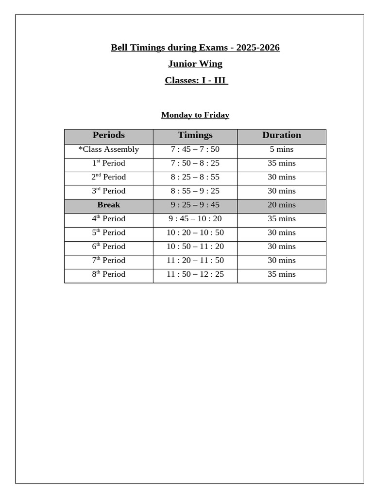Bell Timings During Exams Junior Wing | PDF
