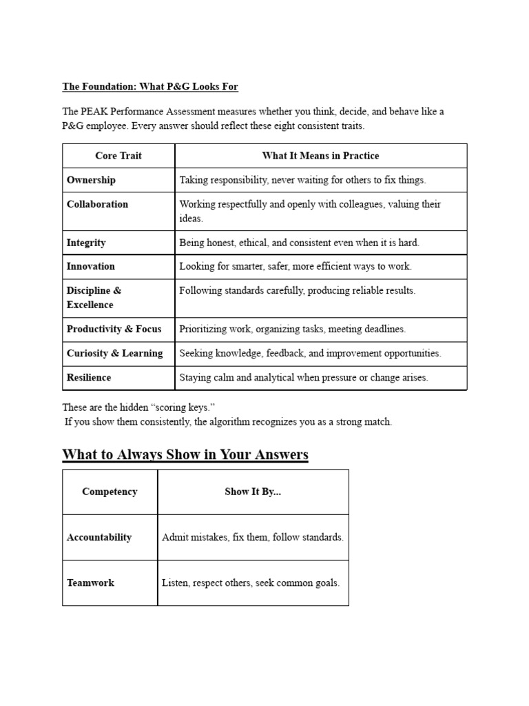 P&G PEAK Performance Assessment Guide | PDF | Psychological Resilience ...