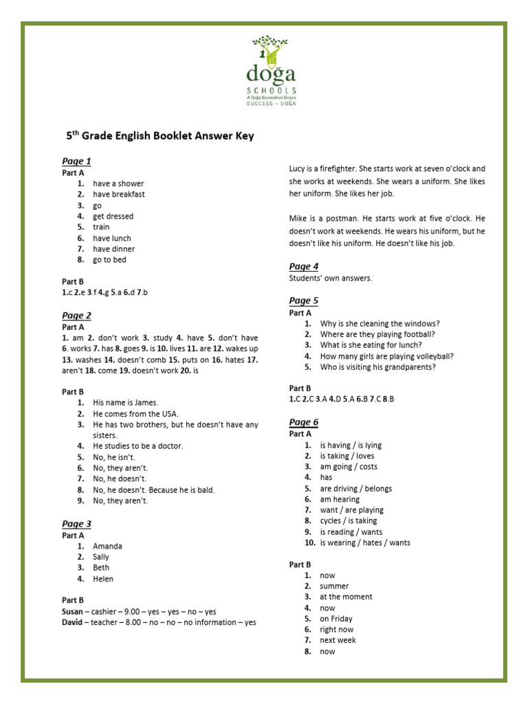 5th Grade English Answer Key Guide | PDF
