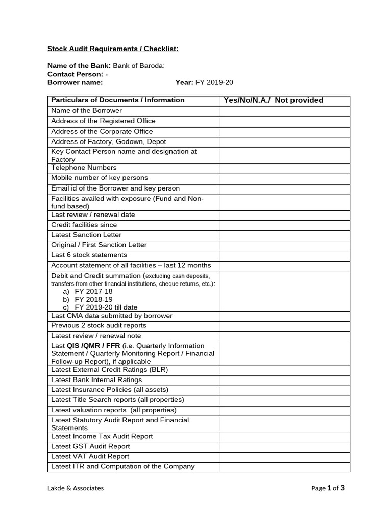 L&a Stock Audit Requirements & Checklist BOB | PDF | Banks | Economies