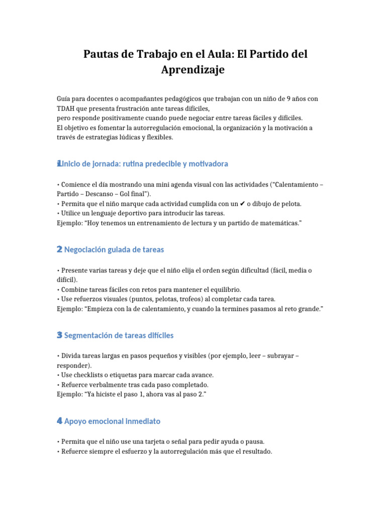Pautas de Trabajo en Aula El Partido Del Aprendizaje TDAH | PDF ...