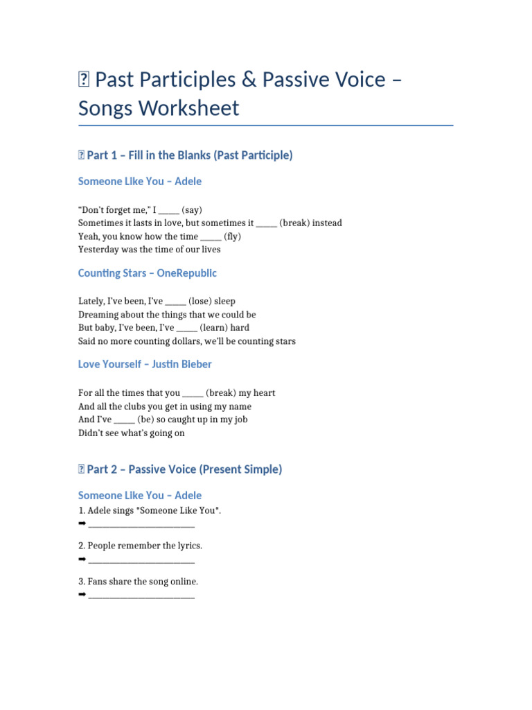 Songs Worksheet PastParticiples Passive | PDF