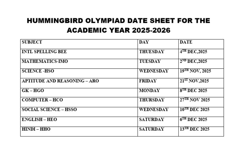 Hummingbird Olympiad 2025 Exam Dates | PDF