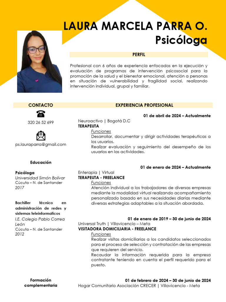 CV Laura Marcela Parra o | PDF | Invalidez | Sicología