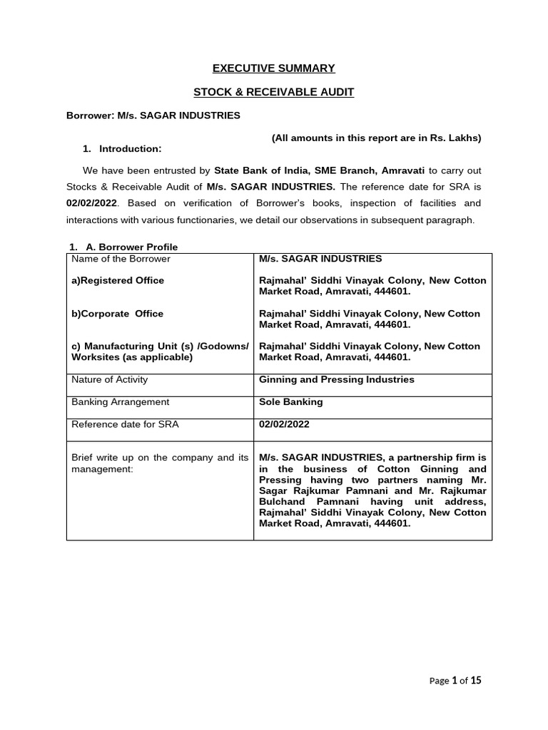 Stock and Receivable Audit Summary for Sagar Industries | PDF ...