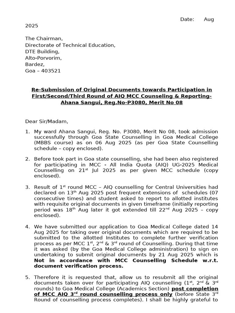 Letter To Dte Goa Chairman | PDF