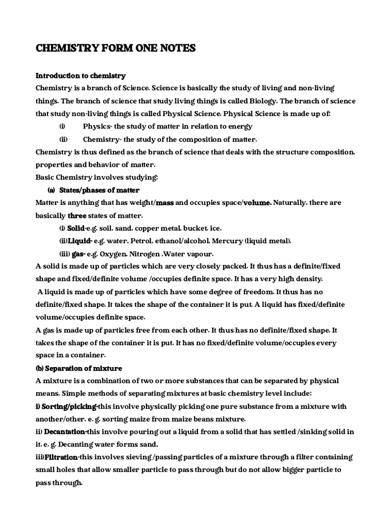 Chemistry Notes Form 1 4 Booklet G | PDF | Filtration | Distillation
