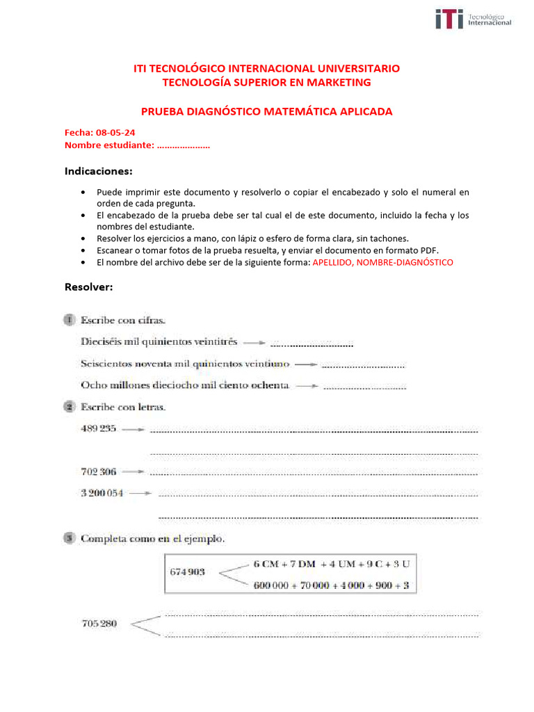 Prueba Diagnóstico-Matemática | PDF