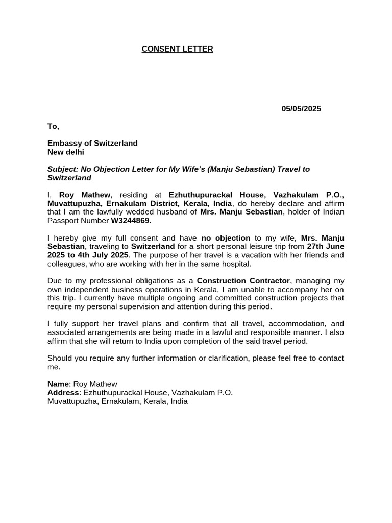 Consent Letter for Wife's Travel | PDF