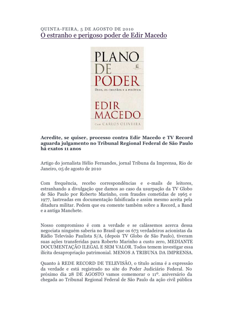 Plano de Poder de Edir Macedo PDF Free | PDF