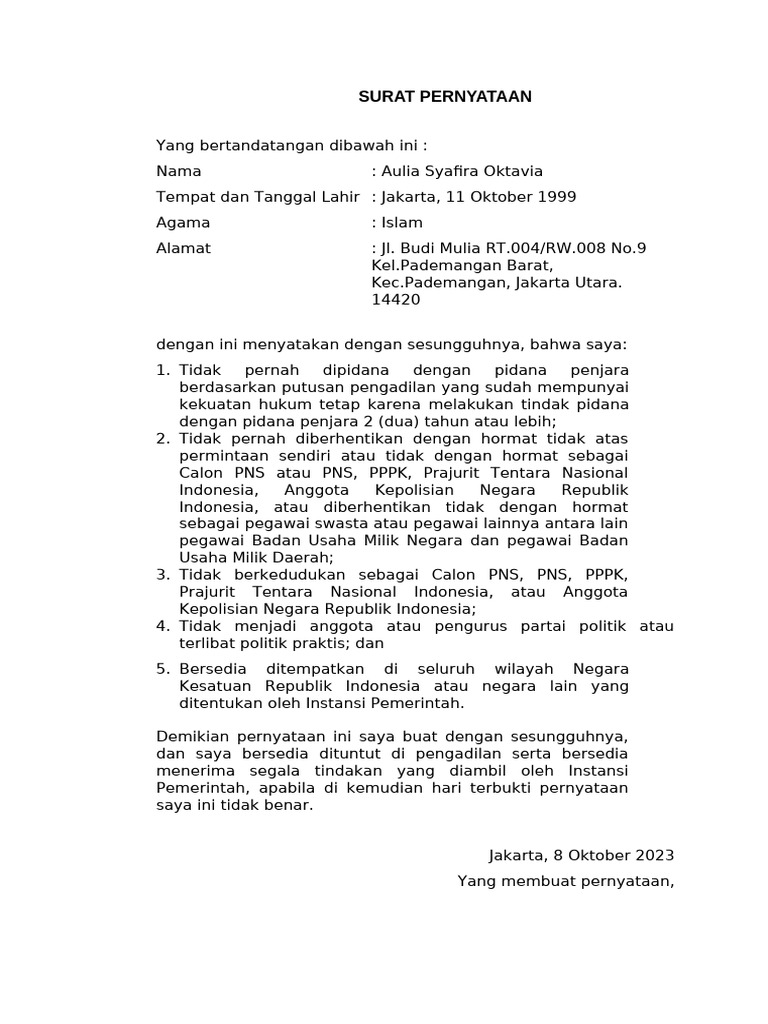 Surat Pernyataan Aulia Syafira Oktavia | PDF