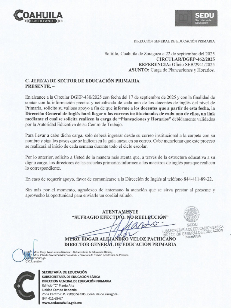 Cir Dgep-462-2025 Planeaciones y Horarios Inglés | PDF