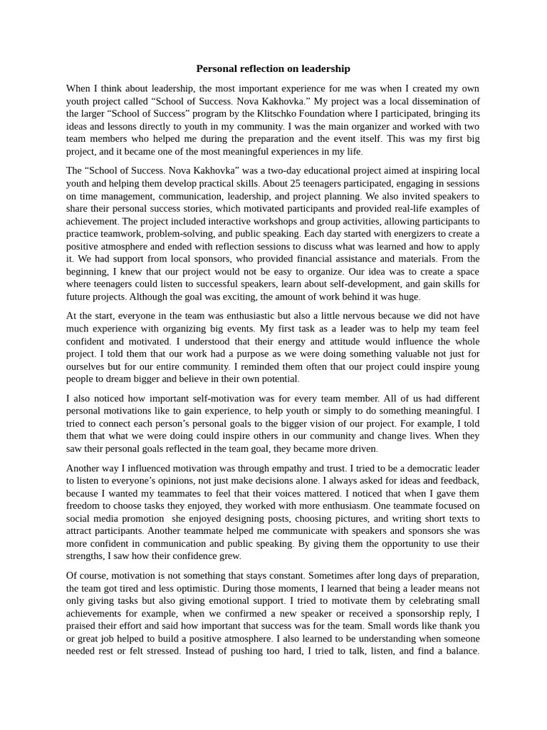 Personal Reflection On Leadership - Yatsiuk | PDF | Leadership ...