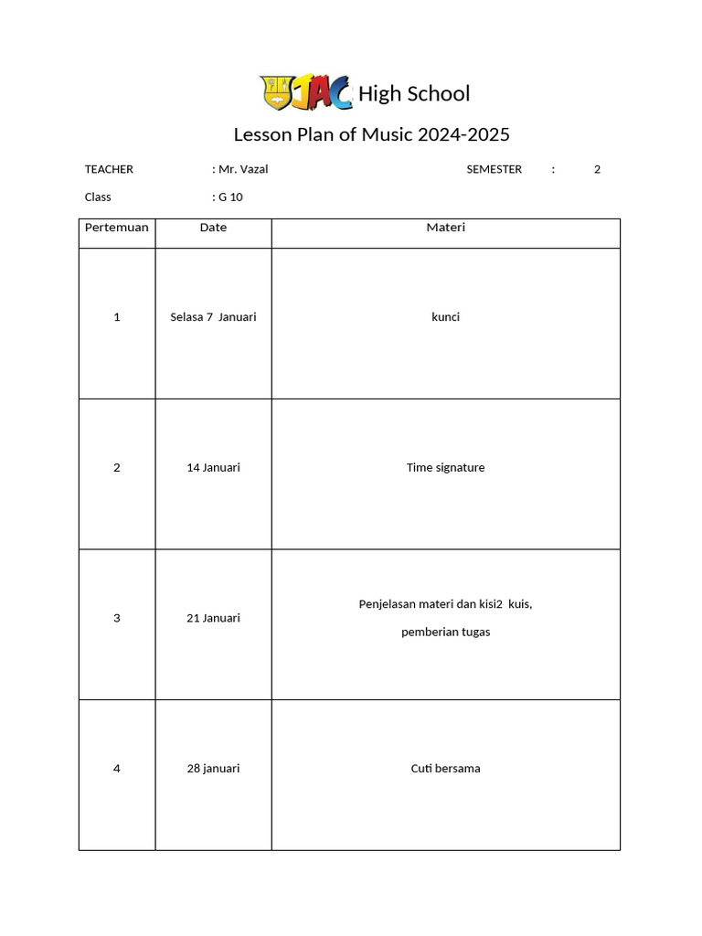 Lesson Plan Music G10 Semester 2 | PDF