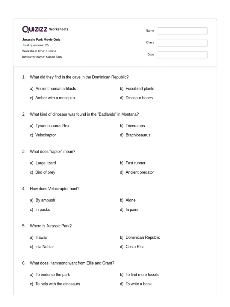 Jurassic Park Movie Quiz - Quizizz | PDF | Dinosaurs | Paleontology