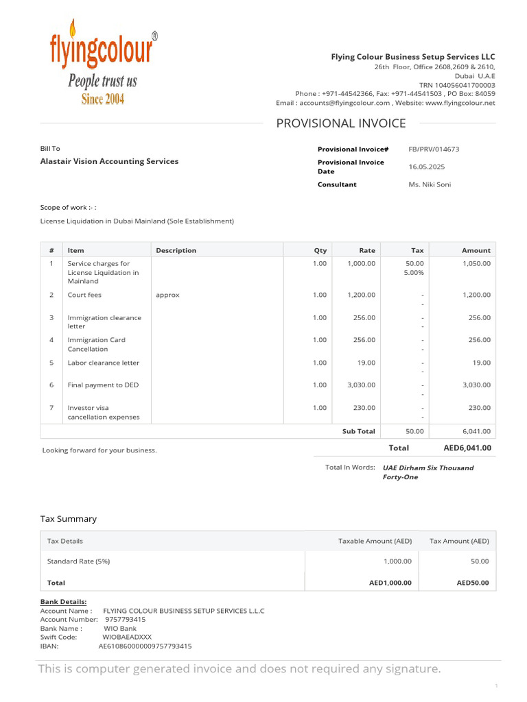 Invoice of Alastair for License Liquidation in Dubai Mainland (Sole ...