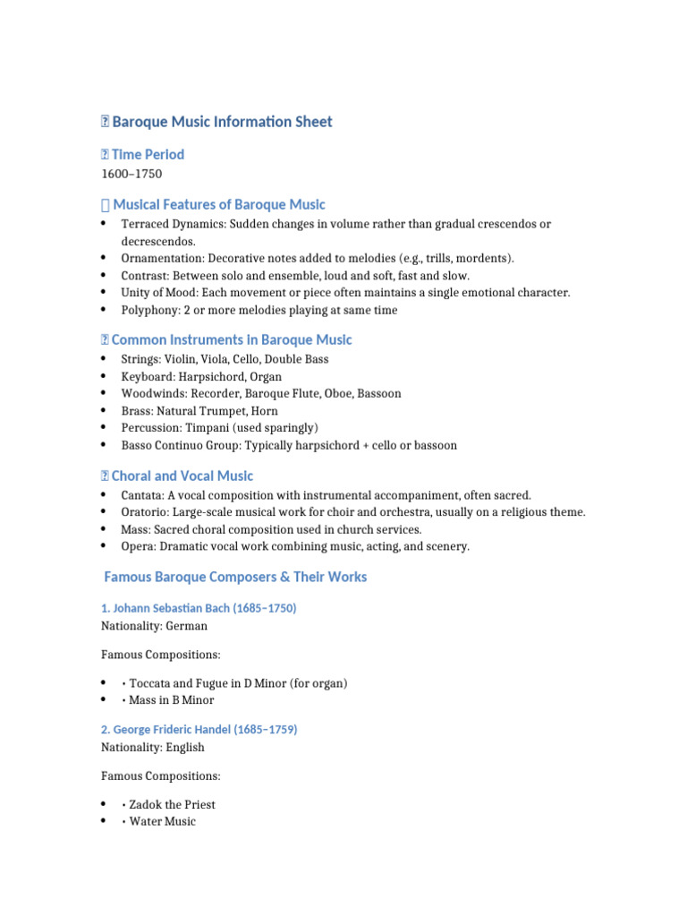 Baroque Music Information Sheet | PDF