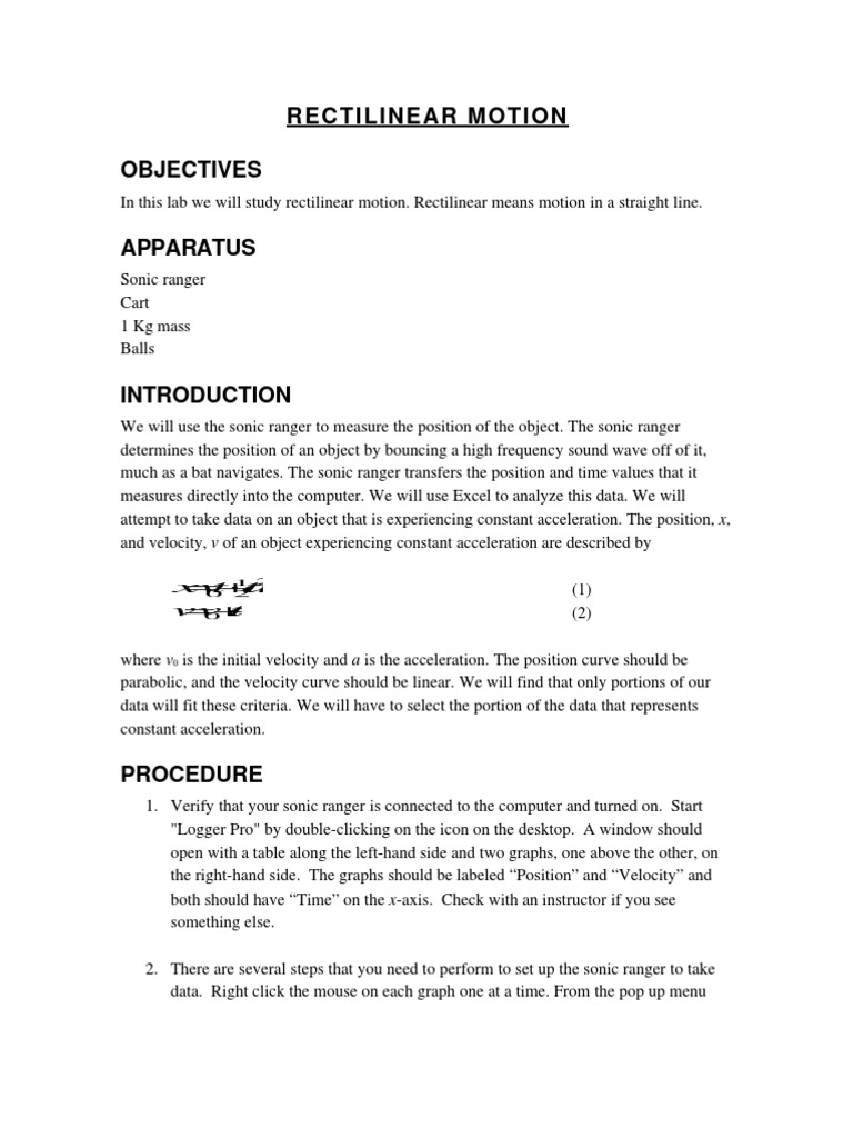 Rectilinear Motion Lab Experiment | PDF | Acceleration | Velocity