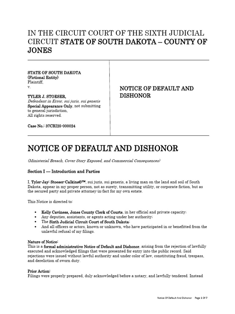 Notice of Default and Dishonor - Murdo - Breach of Ministerial Duty ...