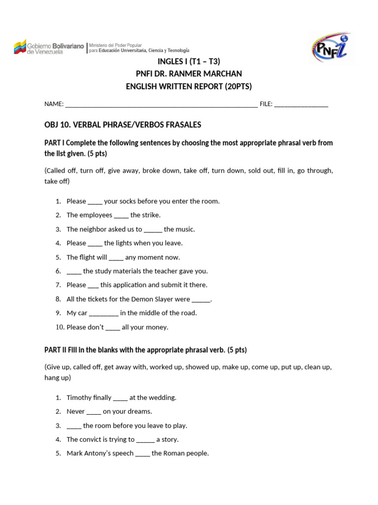 Pnfi Ingles I Obj. 10 Phrasal Verbs Exam | PDF